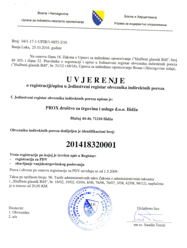 Podaci o firmi - ID i PDV broj - PROX doo - Kvalitetan alat po super cijeni